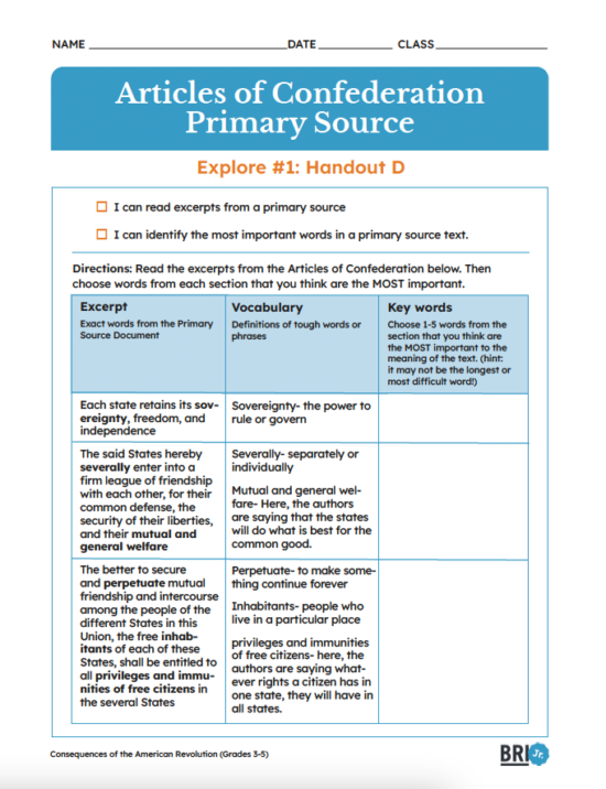 Articles of Confederation Scaffolded Primary Source | Consequences of ...