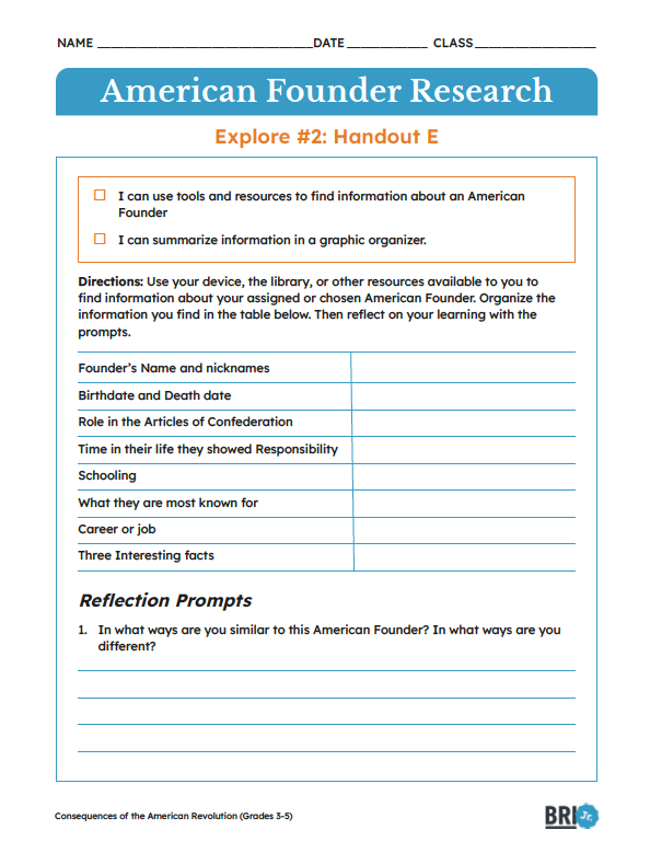 American Founder Research Handout | Consequences of the American ...