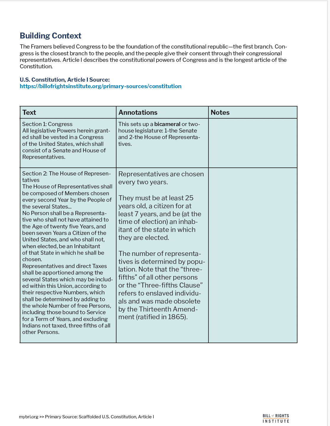 Primary Source: Scaffolded U.S. Constitution, Article I | Bill of ...