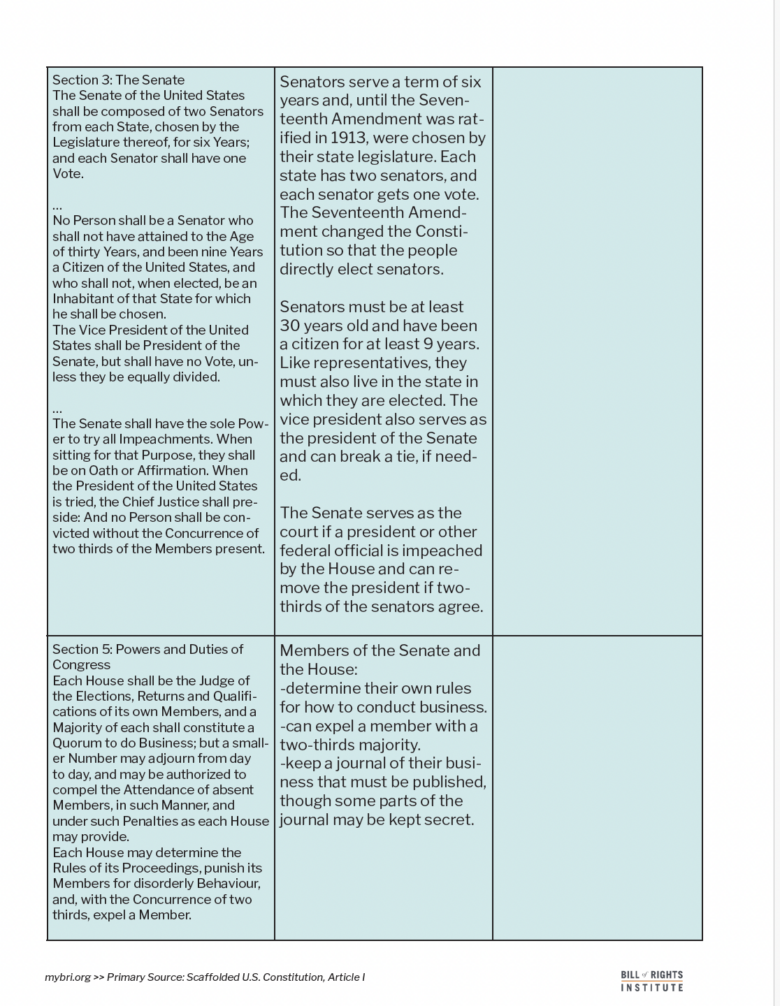 Primary Source: Scaffolded U.S. Constitution, Article I | National ...