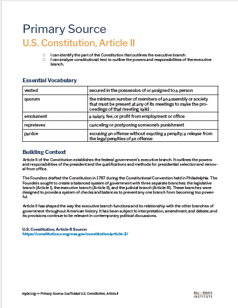 Primary Source: Scaffolded U.S. Constitution, Article II | Bill of ...