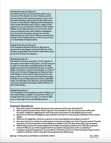 Primary Source: Scaffolded U.S. Constitution, Article II | Bill of ...