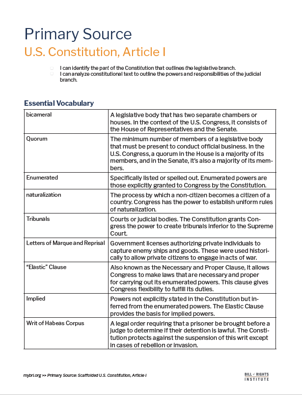 Primary Source: Scaffolded U.S. Constitution, Article I | Bill of ...
