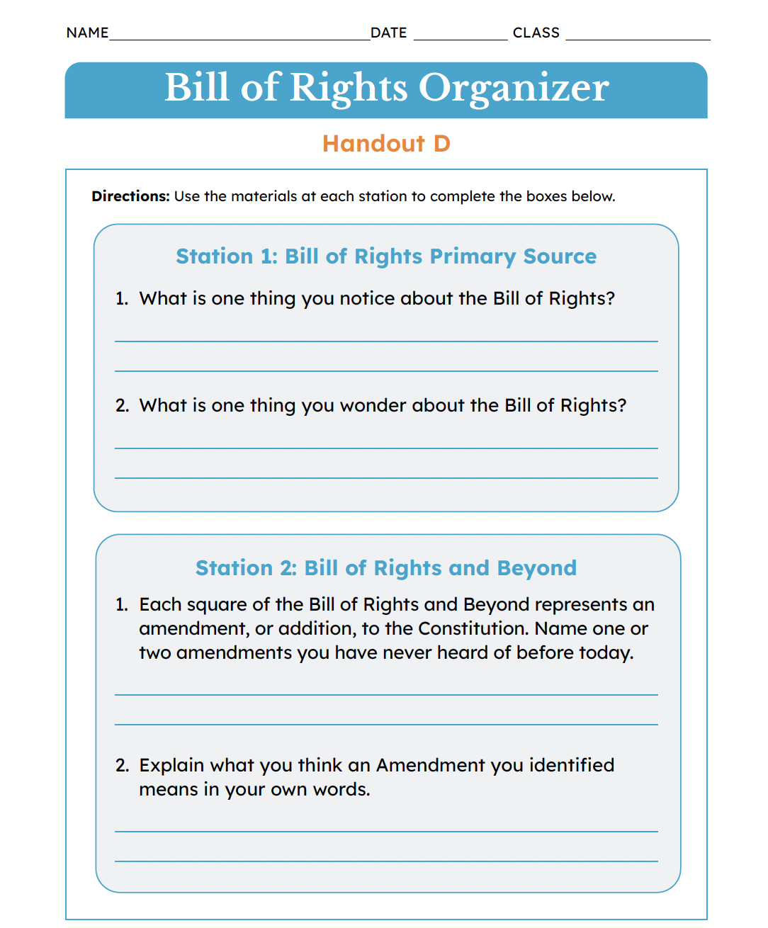 Bill of Rights Organizer | Development of the Constitution | Elementary