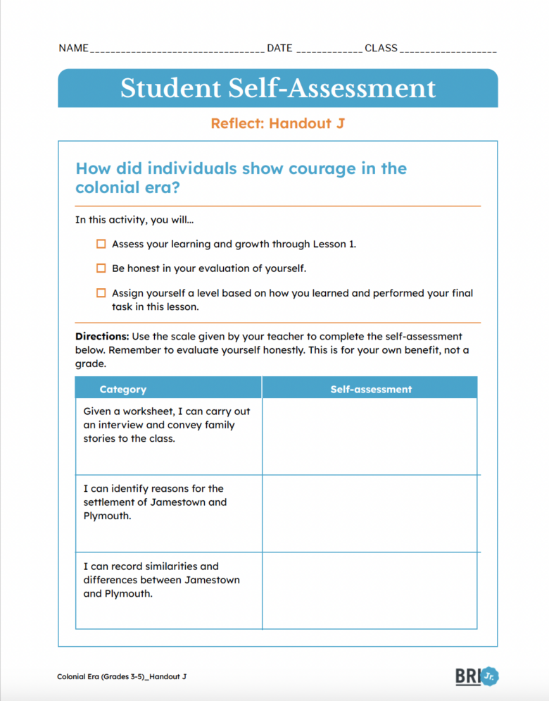 Student Self-Assessment Handout | Colonial Era | Bill of Rights Institute