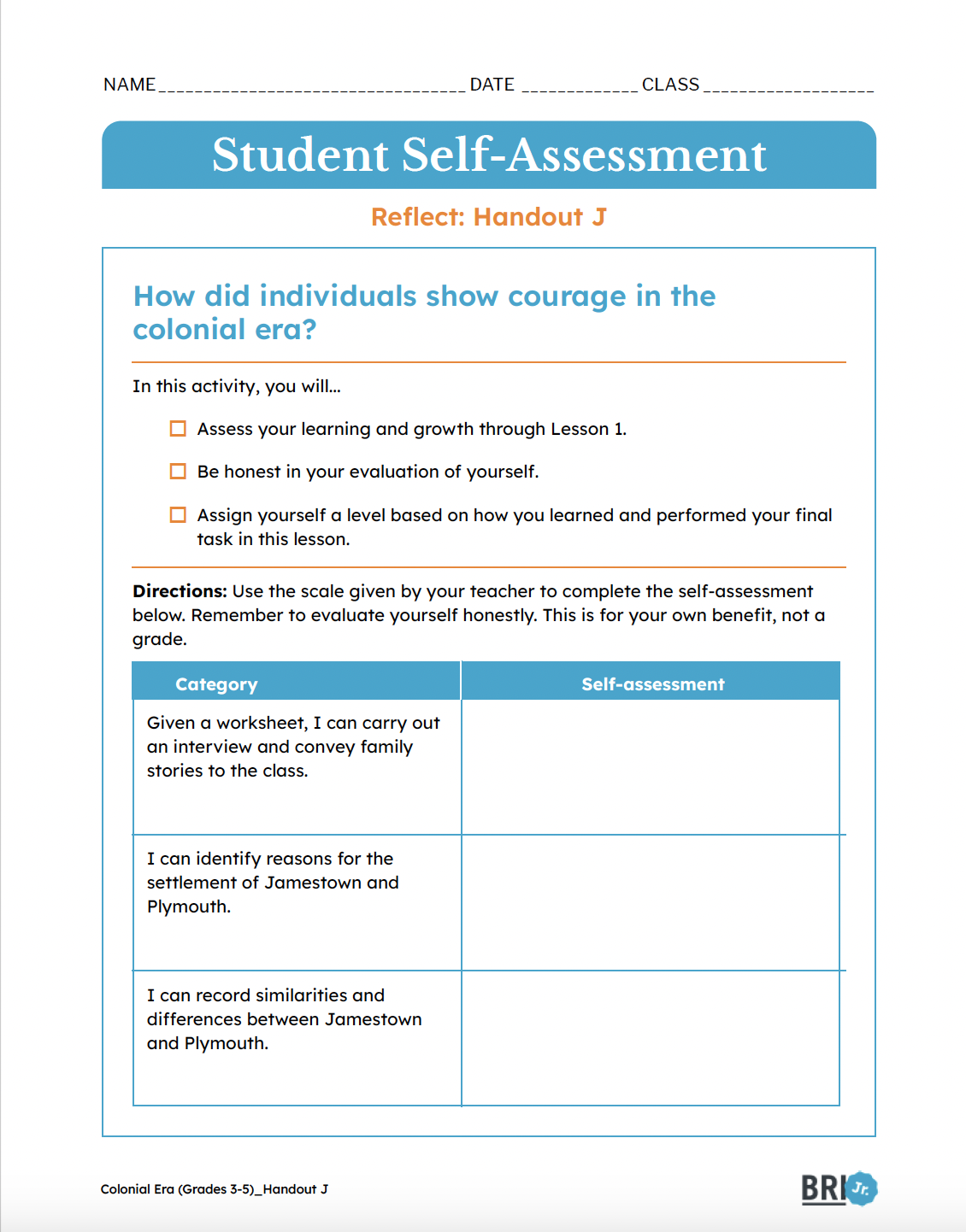 Student Self-Assessment Handout | Colonial Era | Bill of Rights Institute