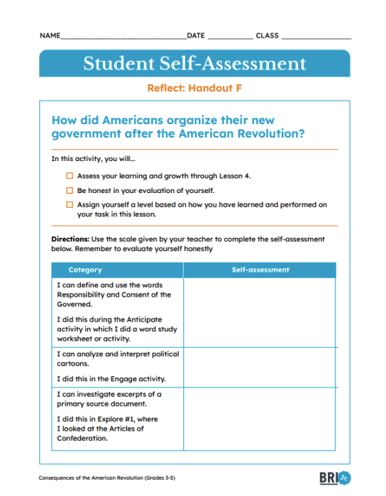 Student Self-Assessment Handout | Consequences of the American ...