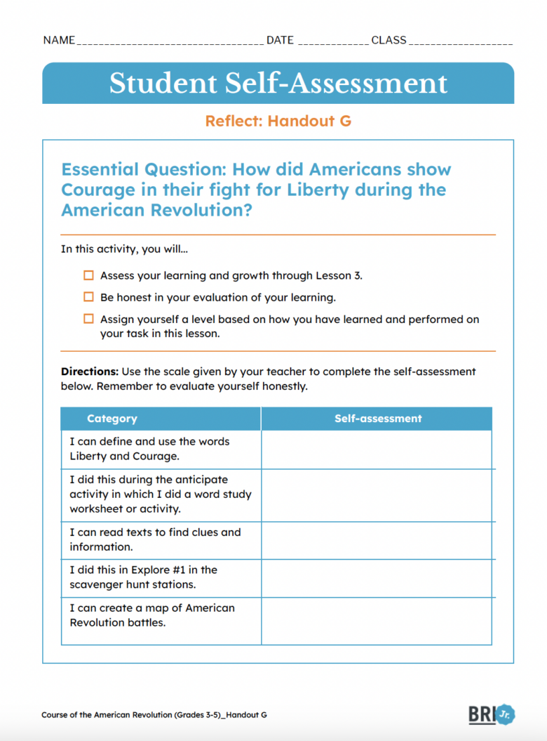 Student Self-Assessment Handout | Course of the American Revolution ...