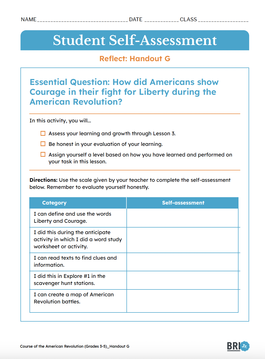 Student Self-Assessment Handout | Course of the American Revolution ...