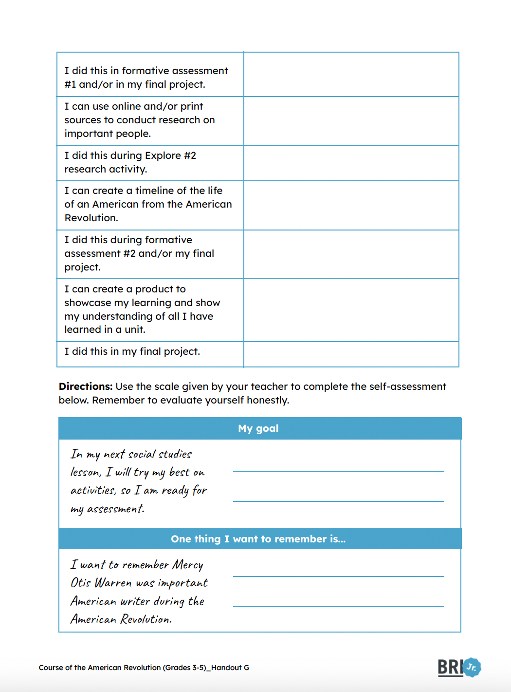 Student Self-Assessment Handout | Course of the American Revolution ...