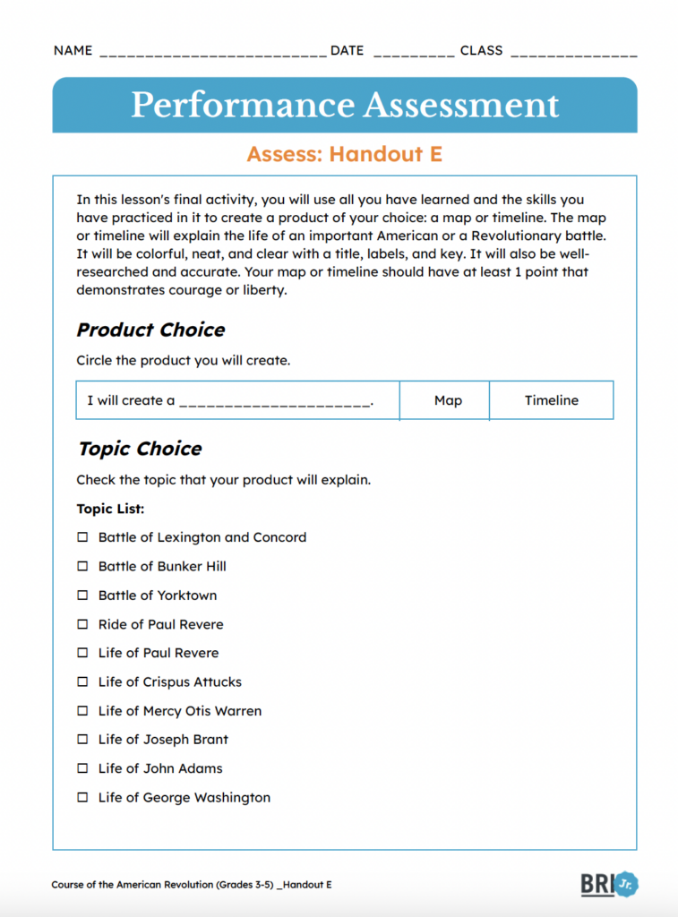Performance Assessment Handout | Course of the American Revolution ...