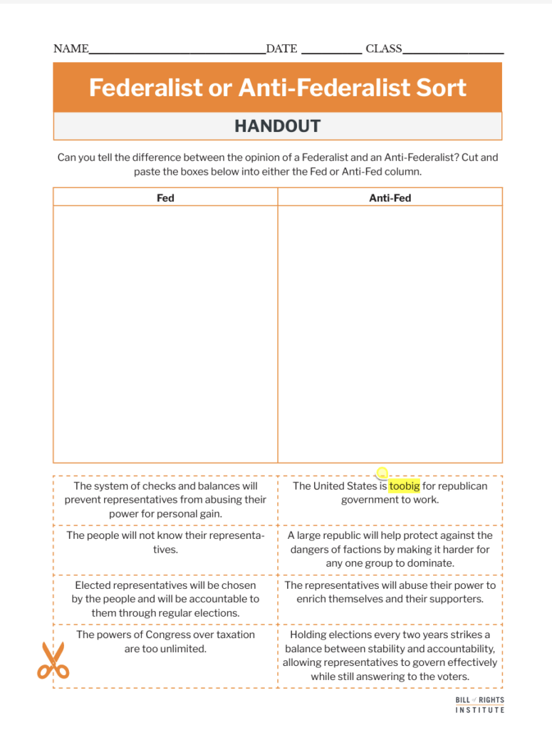 Federalist or Anti-Federalist Cut and Sort Handout | Middle School ...