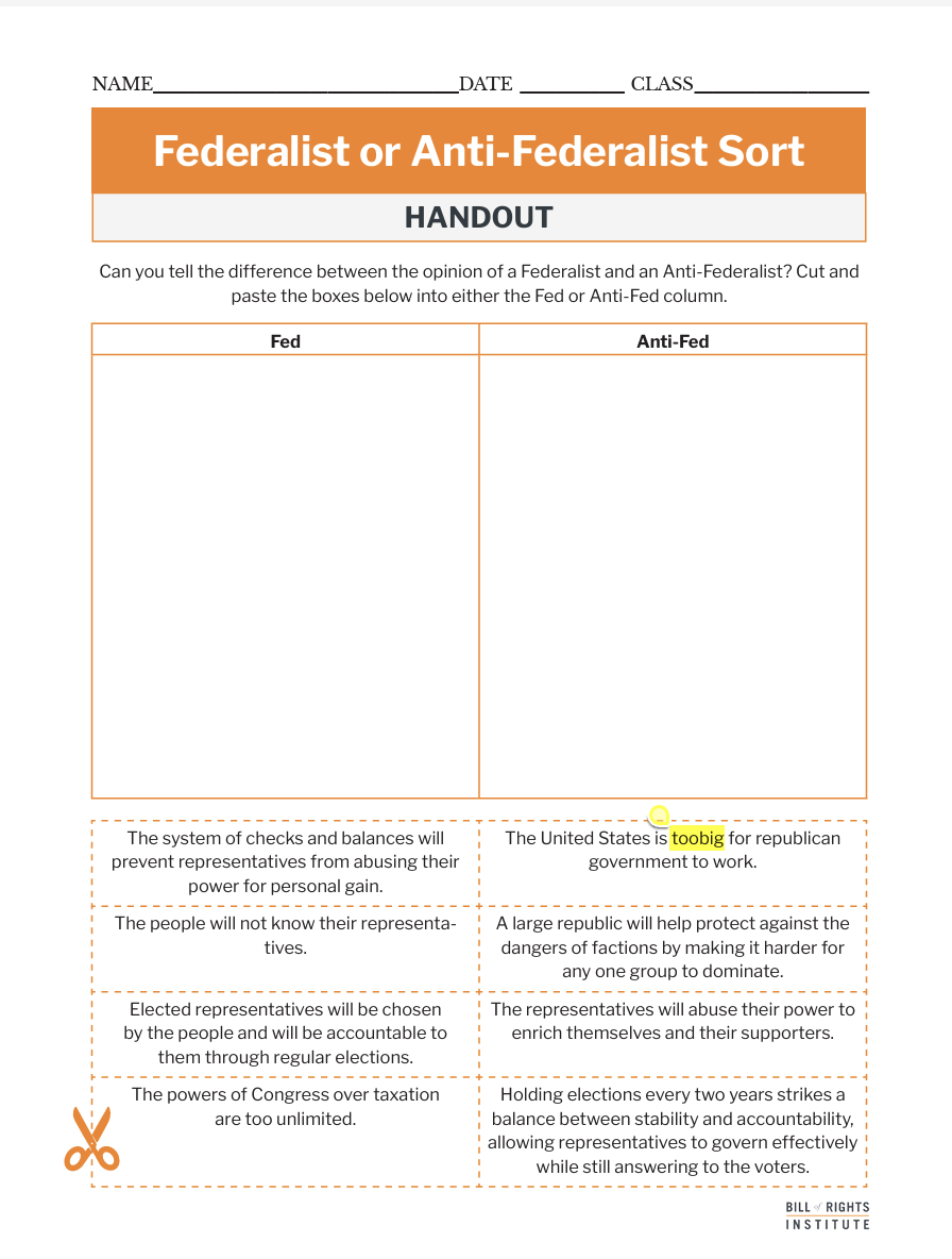 Federalist or Anti-Federalist Cut and Sort Handout | Middle School ...