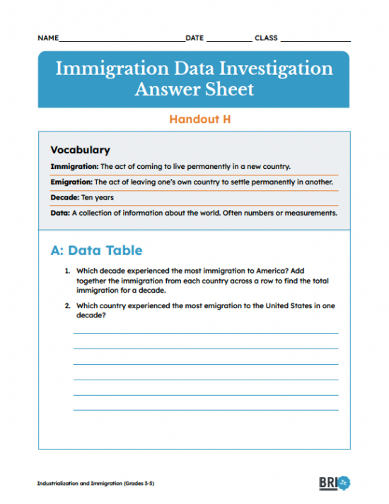 Immigration Data Investigation Handout | Industrialization and ...
