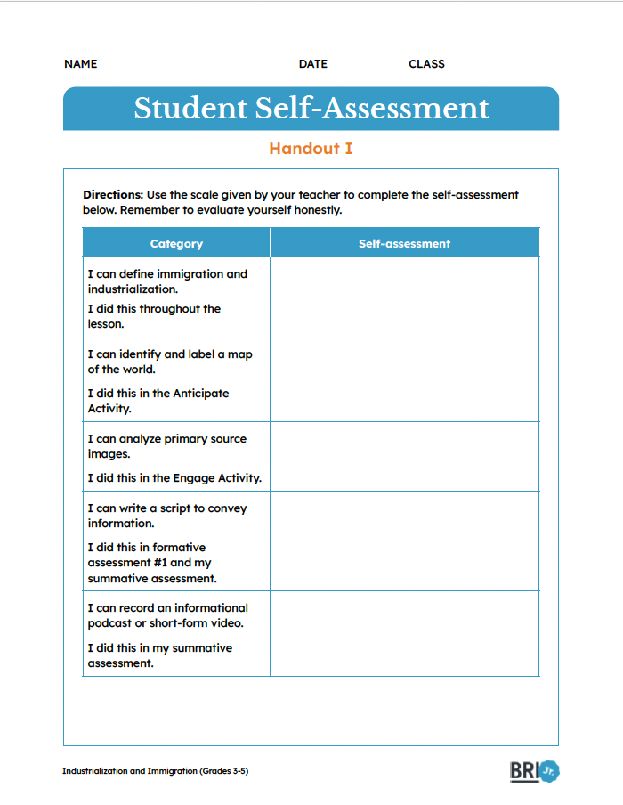 Student Self-Assessment Handout | Industrialization and Immigration ...
