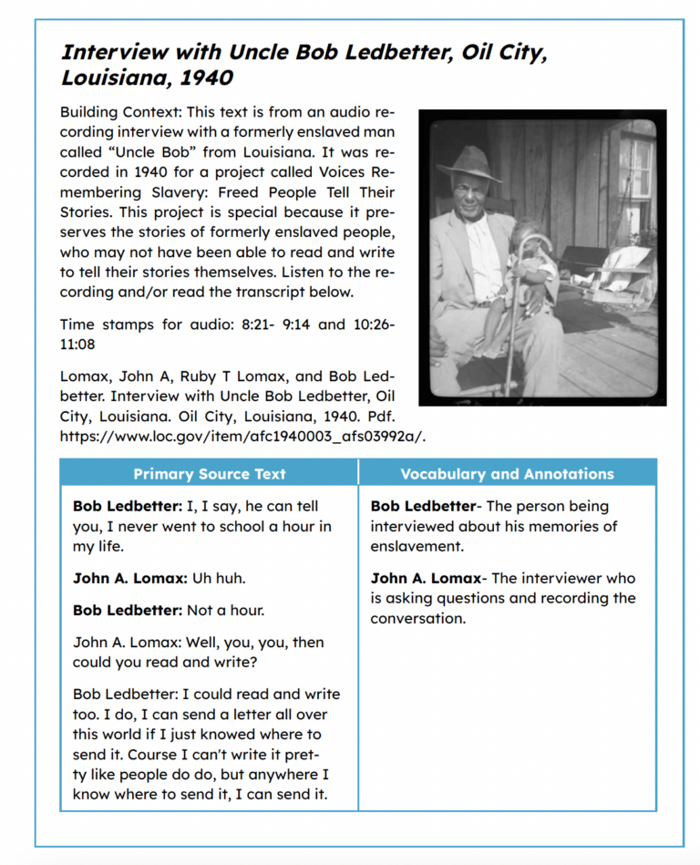 3-5 Elementary Experiences of Enslaved People Primary Sources