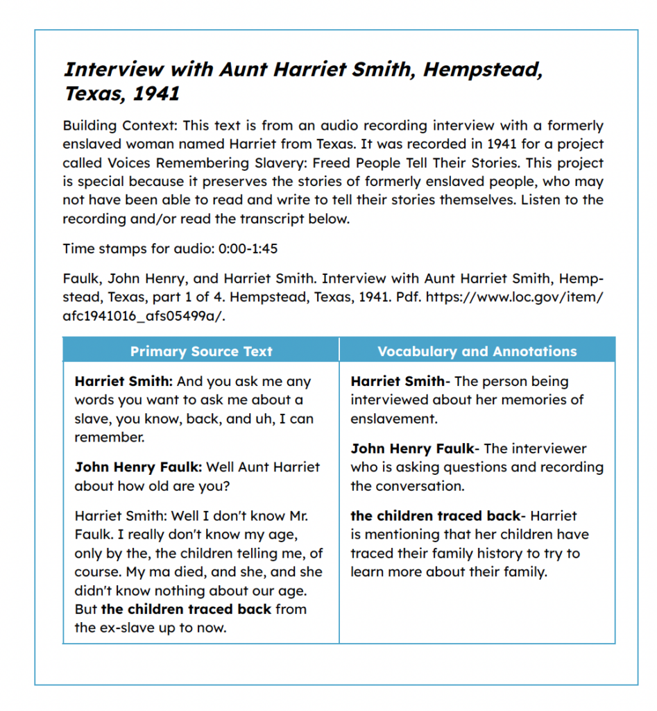 3-5 Elementary Experiences of Enslaved People Primary Sources