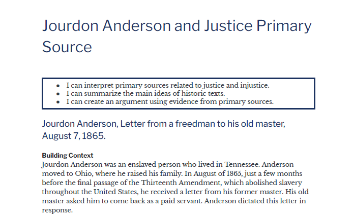 Jourdon Anderson and Justice Narrative and Letter - Bill of Rights ...