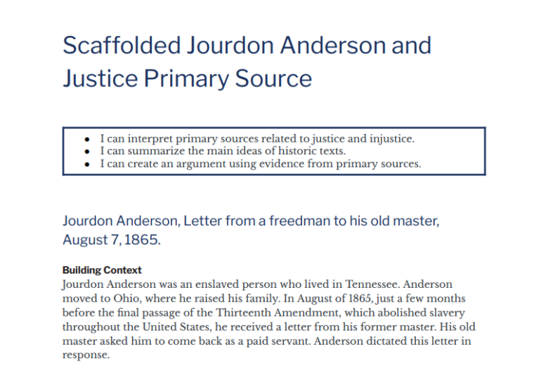 Jourdon Anderson and Justice Scaffolded Primary Source - Bill of Rights ...