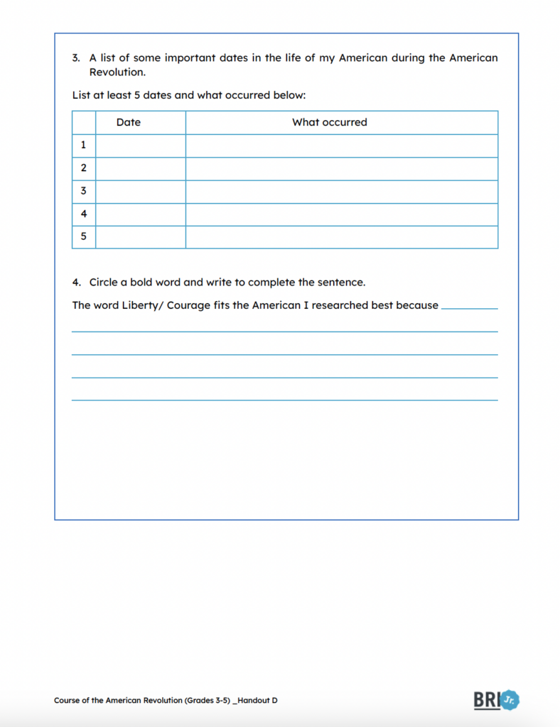 3-5 Elementary Revolutionary Americans Research Handout