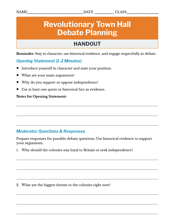 Revolutionary War Town Hall Debate Planning Activity | Middle School ...