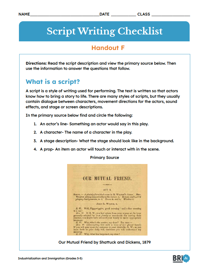 Script Writing Handout | Industrialization and Immigration | Elementary
