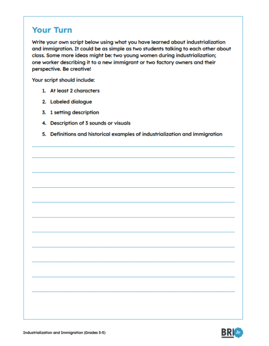 Script Writing Handout | Industrialization and Immigration | Elementary