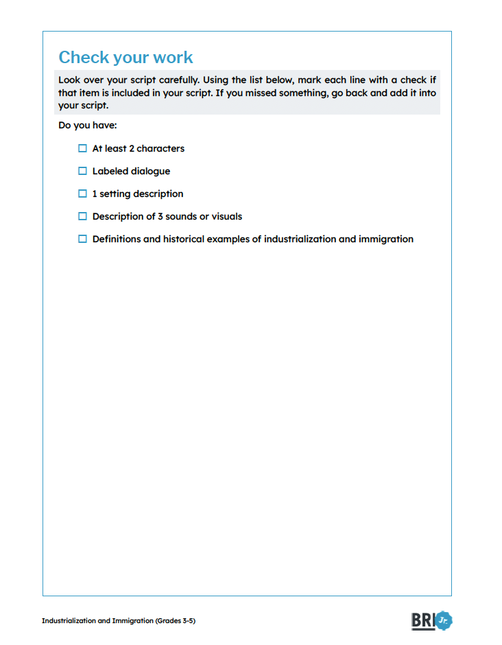 Script Writing Handout | Industrialization and Immigration | Elementary