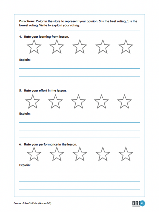 Student Self-Assessment Handout Course of the Civil War | Bill of ...