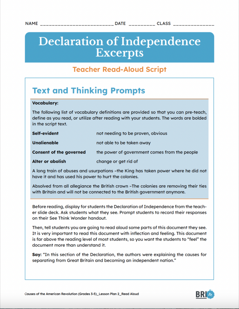 Teacher Read-Aloud Script Declaration of Indpendence | Bill of Rights ...