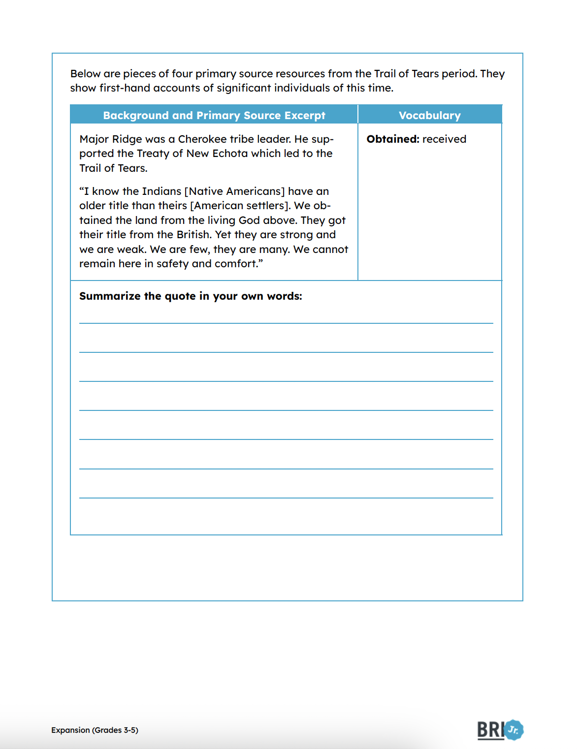 Trail of Tears Primary Sources | Expansion | Elementary