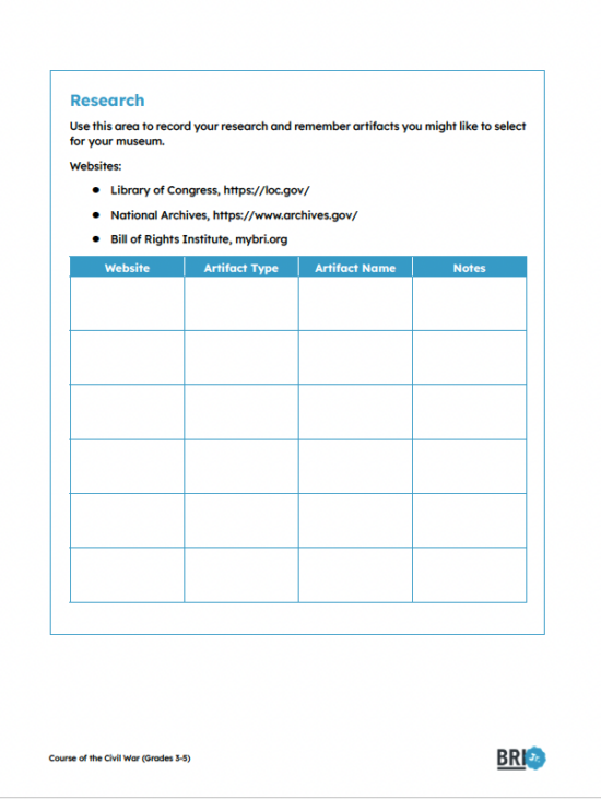 Virtual Museum Handout | Course of the Civil War | Elementary
