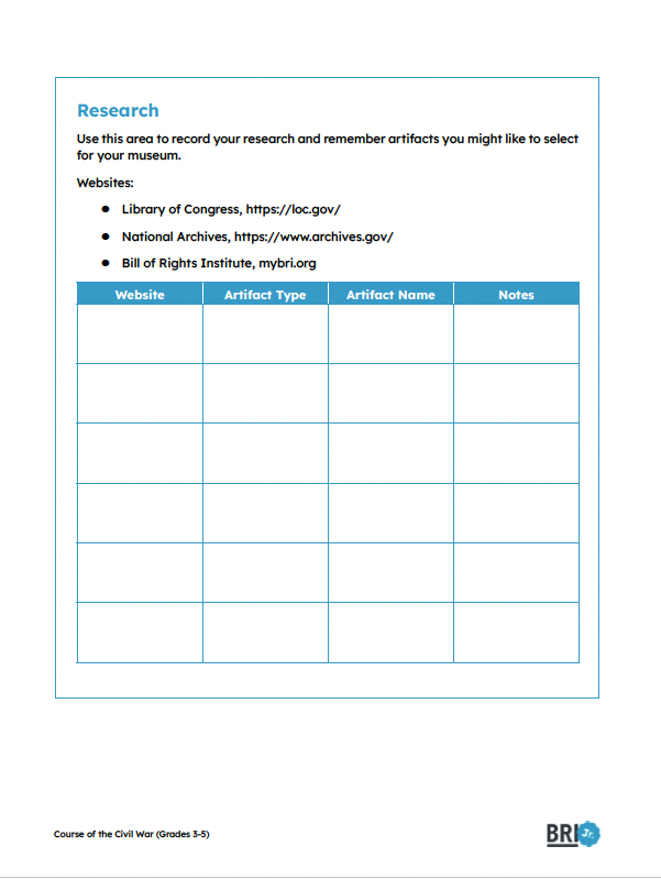 Virtual Museum Handout | Course of the Civil War | Elementary